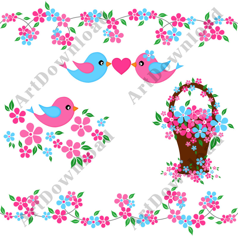 Clip Art Birds Pink And Blue Birds Love Birds Digital Bird And Flowers ...
