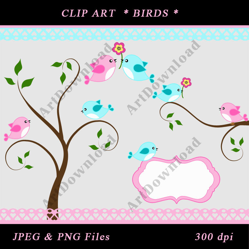 Tree With Love Birds Digital Clip Art Birds Digital Scrapbooking ...
