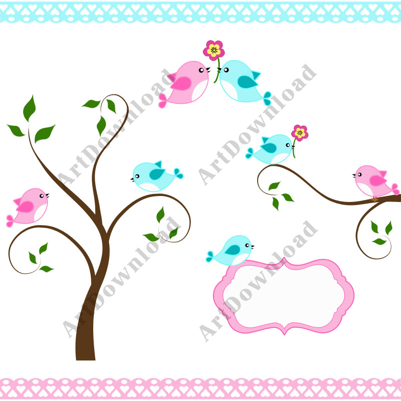 Tree With Love Birds Digital Clip Art Birds Digital Scrapbooking ...